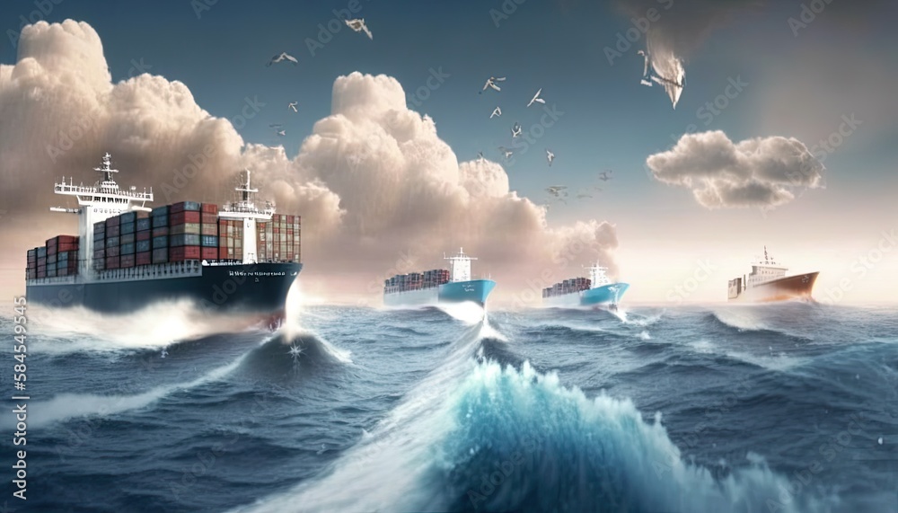 Container ships in the sea, A digital illustration of a group of ...