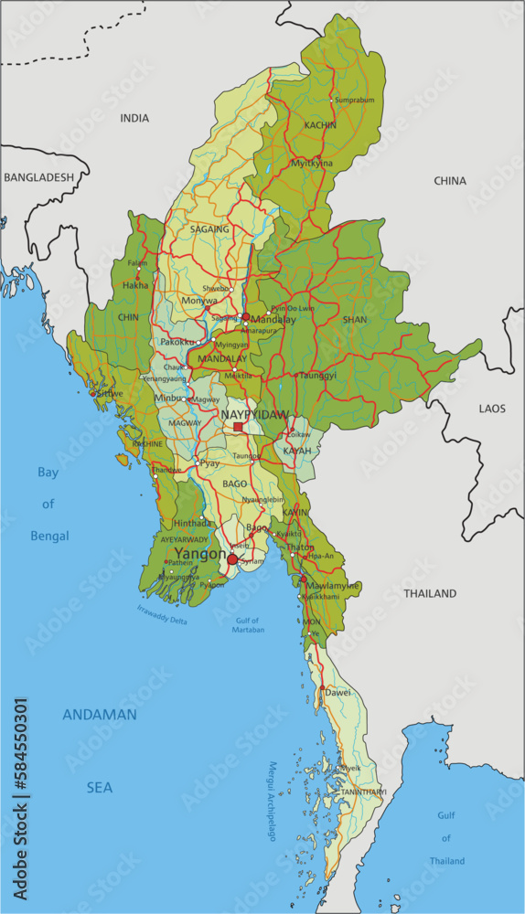 Highly detailed editable political map with separated layers. Myanmar ...