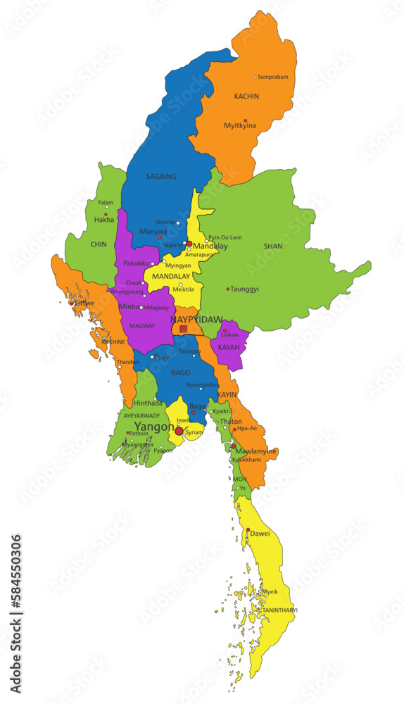 Colorful Myanmar political map with clearly labeled, separated layers ...