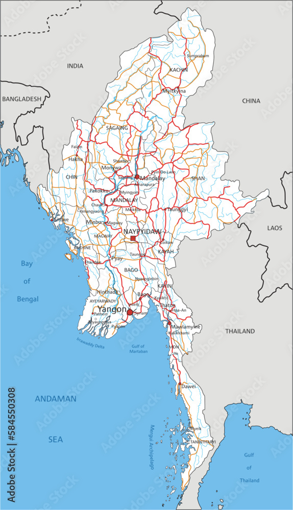 High detailed Myanmar road map with labeling. เวกเตอร์สต็อก | Adobe Stock