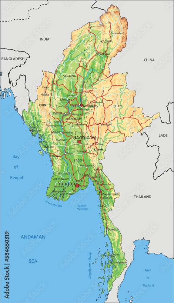 Highly detailed Myanmar physical map with labeling. Stock Vector ...