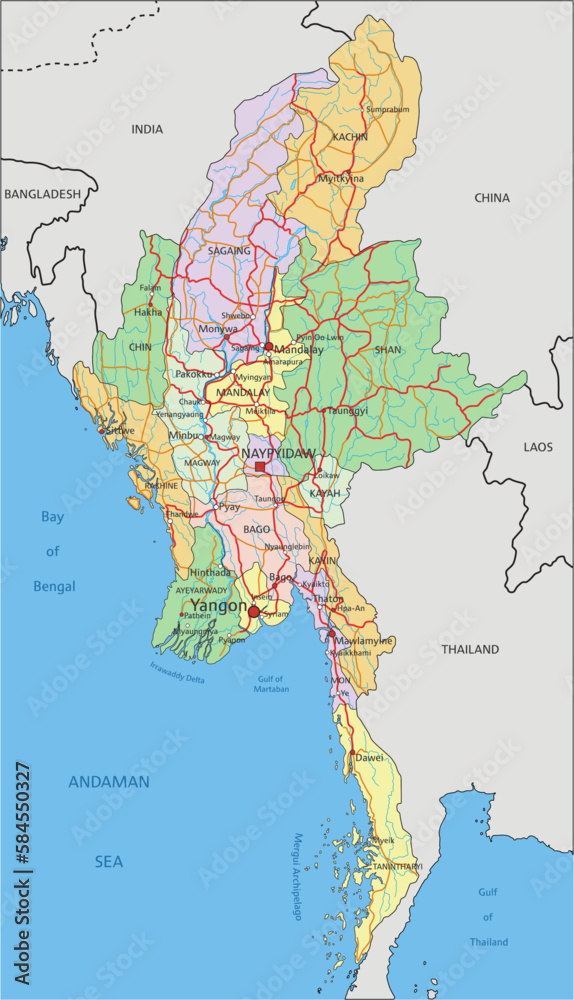 Myanmar - Highly detailed editable political map with labeling. Stock ...