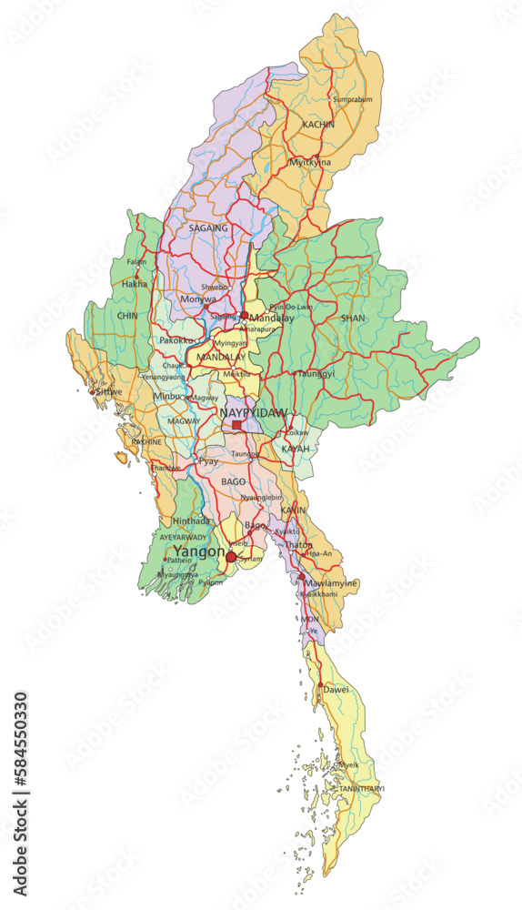 Myanmar - Highly detailed editable political map with labeling. Stock ...