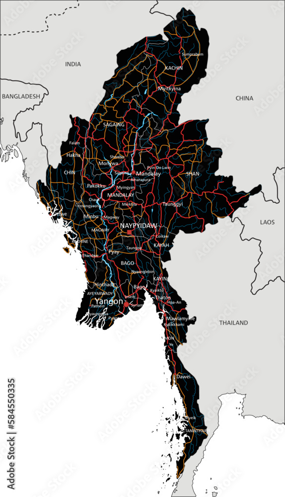 High detailed Myanmar road map with labeling. Stock Vector | Adobe Stock