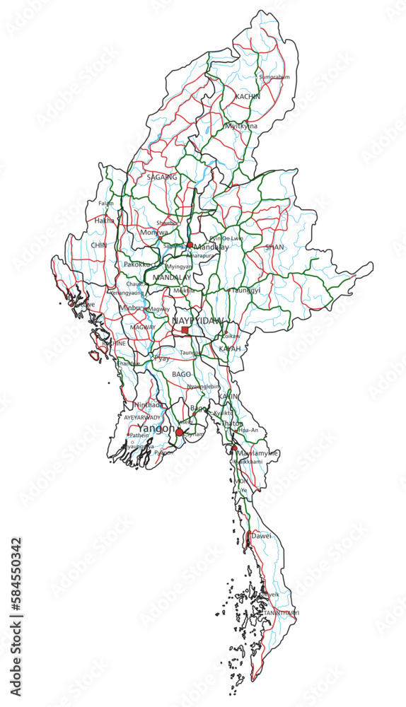 Myanmar road and highway map. Vector illustration. Stock Vector | Adobe ...