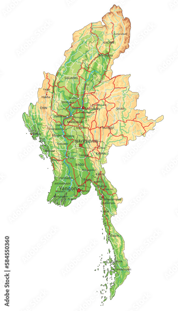 Highly detailed Myanmar physical map with labeling. Stock Vector ...