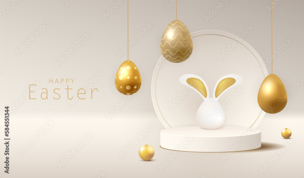 Happy Easter with cylinder display podium background. Stage with gold ...