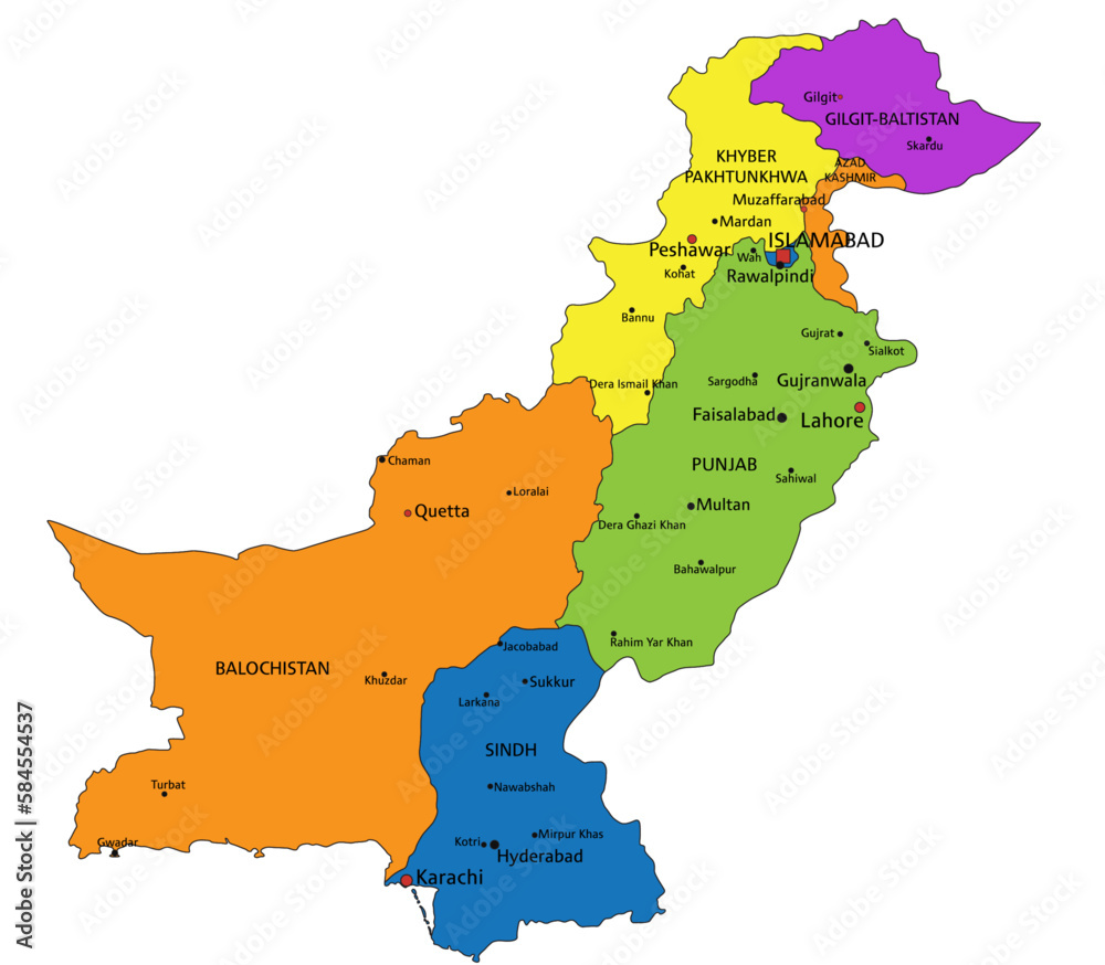 Colorful Pakistan political map with clearly labeled, separated layers ...