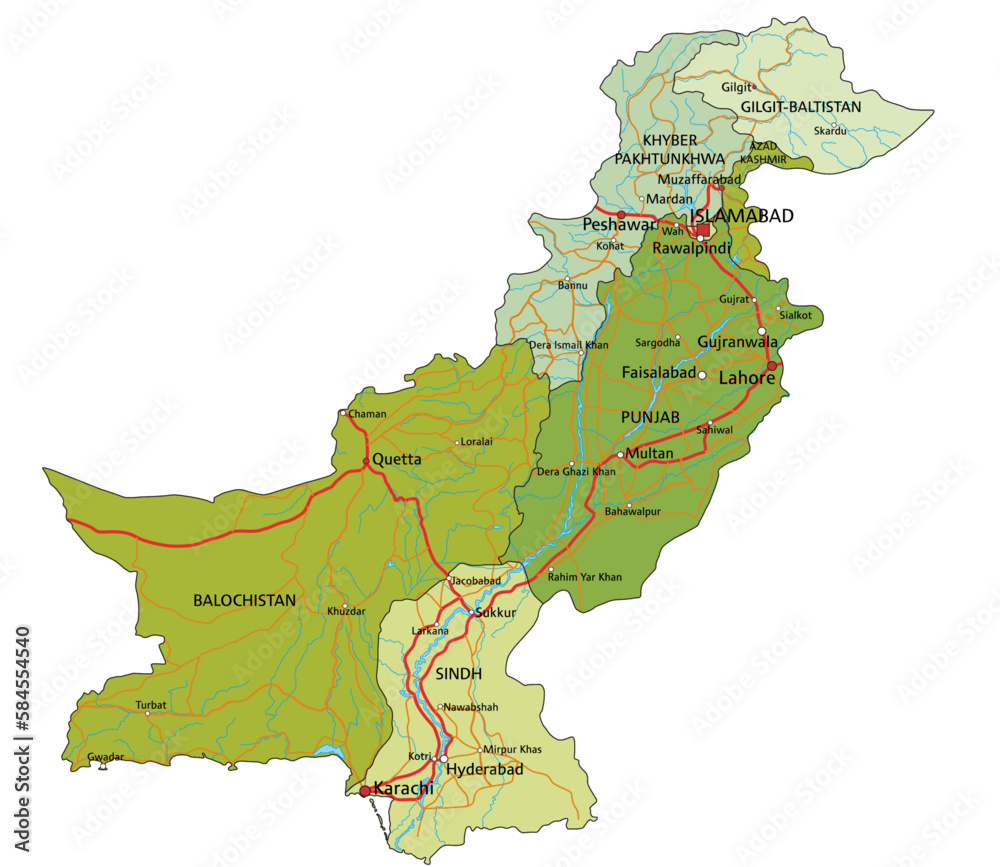 Highly detailed editable political map with separated layers. Pakistan ...