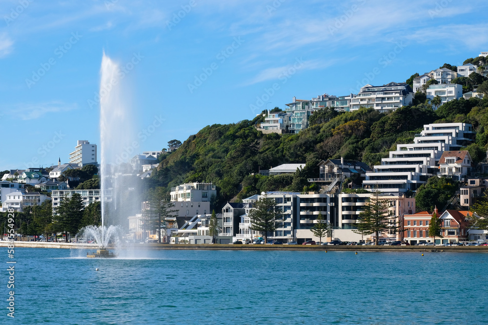 Iconic water fountain at Oriental Parade with houses and apartments ...