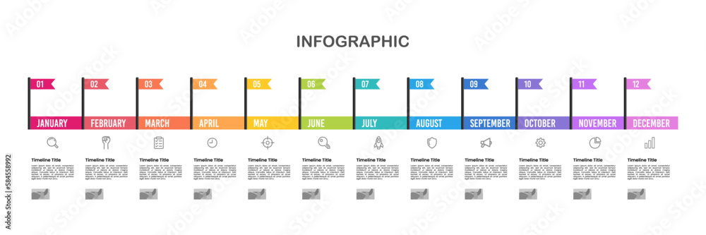 Infographic 12 months horizontal with colorful flag. Vector ...