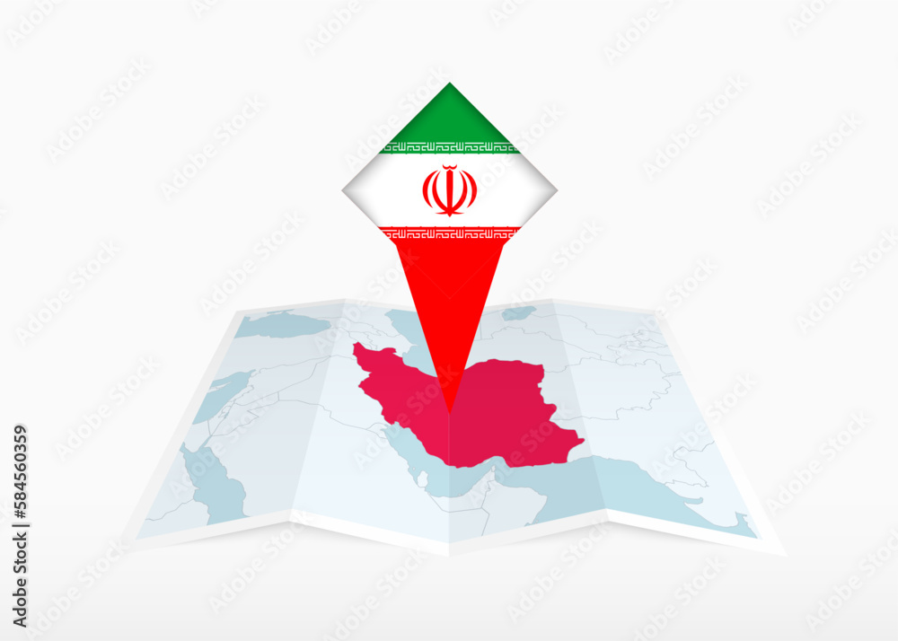 Iran is depicted on a folded paper map and pinned location marker with ...