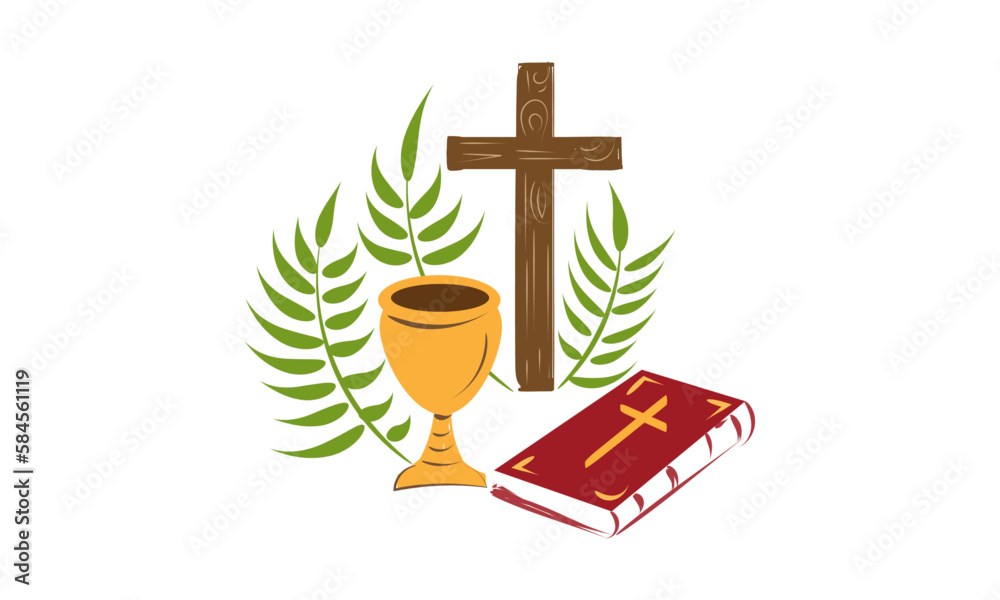 Holy Week. Christian Easter icon symbols. palm branch, cross of Jesus ...