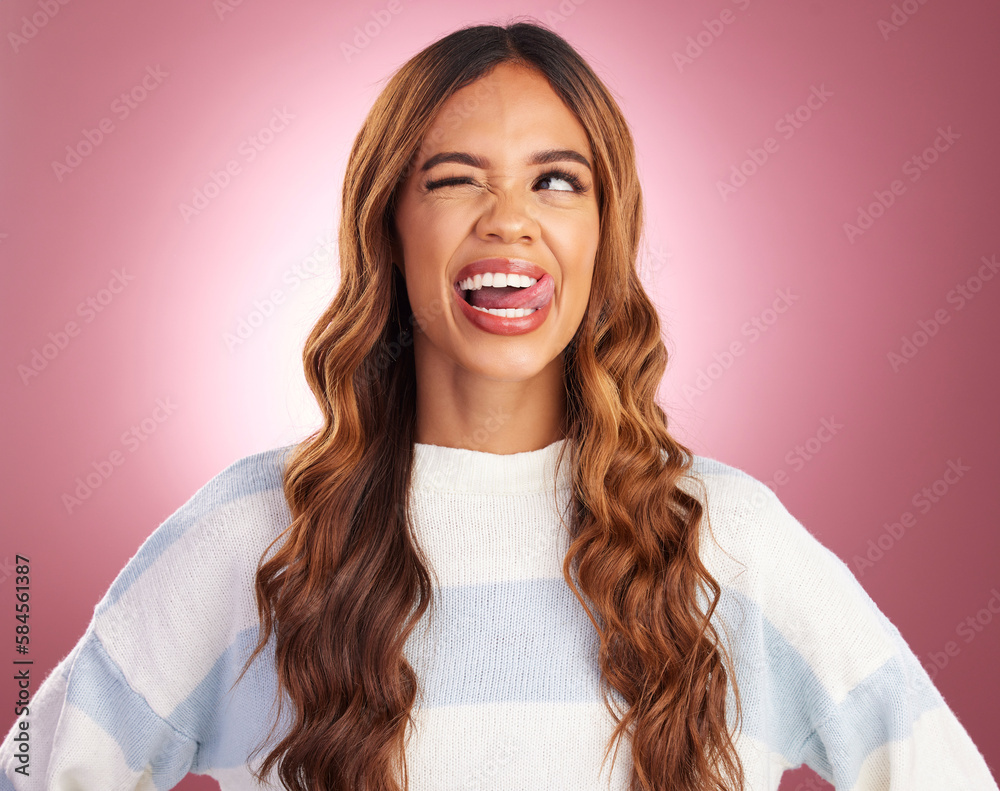 Funny, face and goofy woman tongue out feeling happy, playful and ...