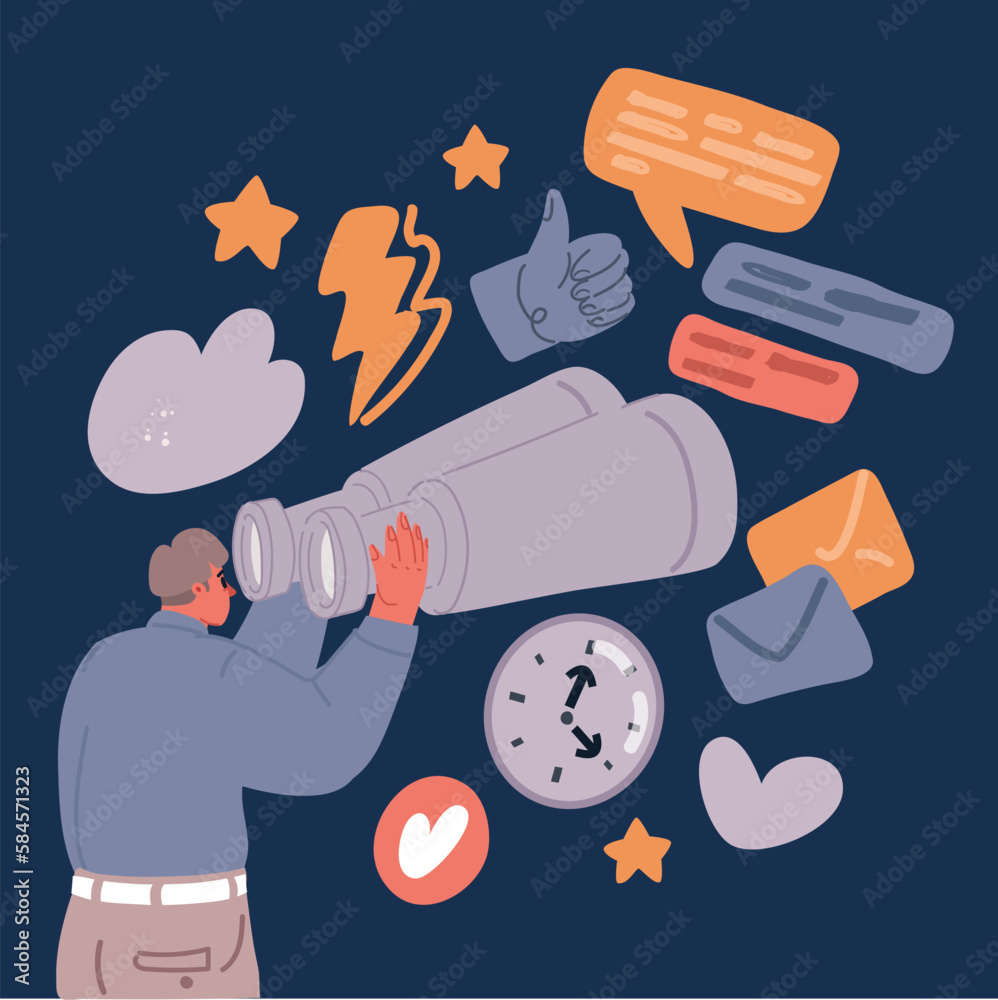 Vector cartoon illustration of man with binoculars, person looking ...