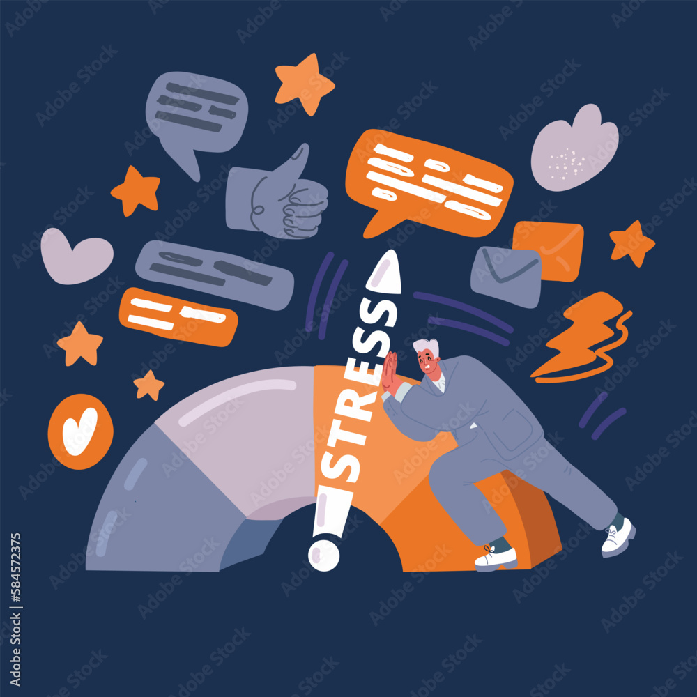 Cartoon vector illustration of Stressed man stress scale with arrow ...