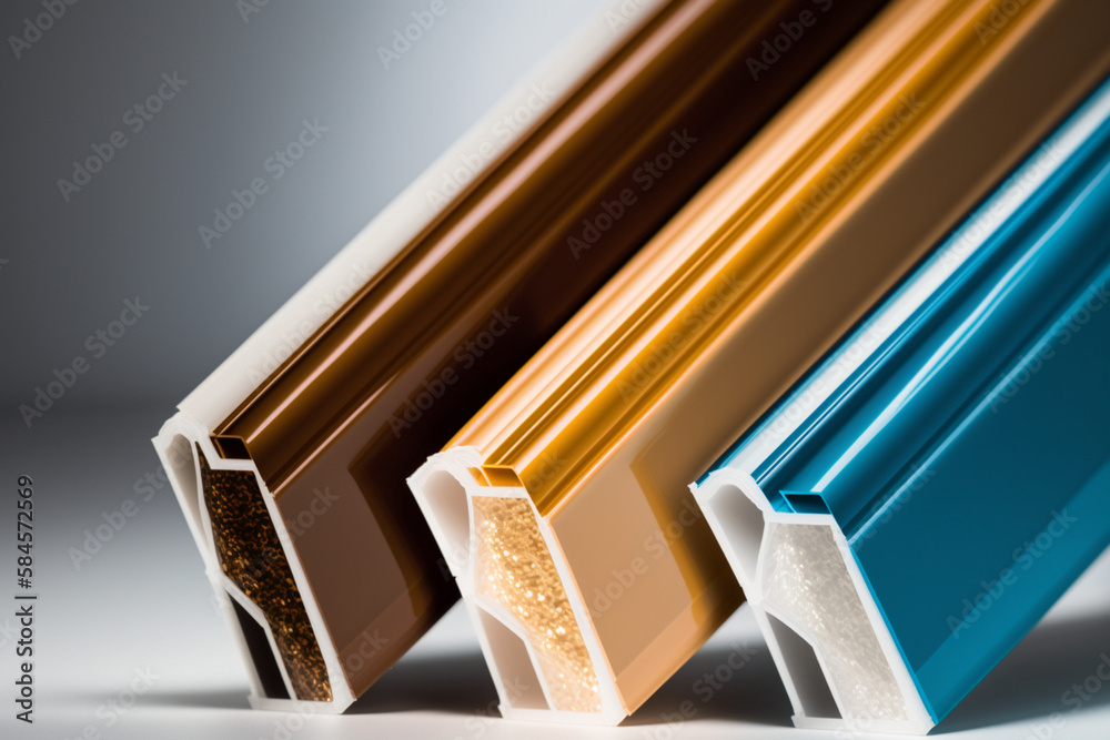 plastic window profiles PVC of different colors in section isolated on ...