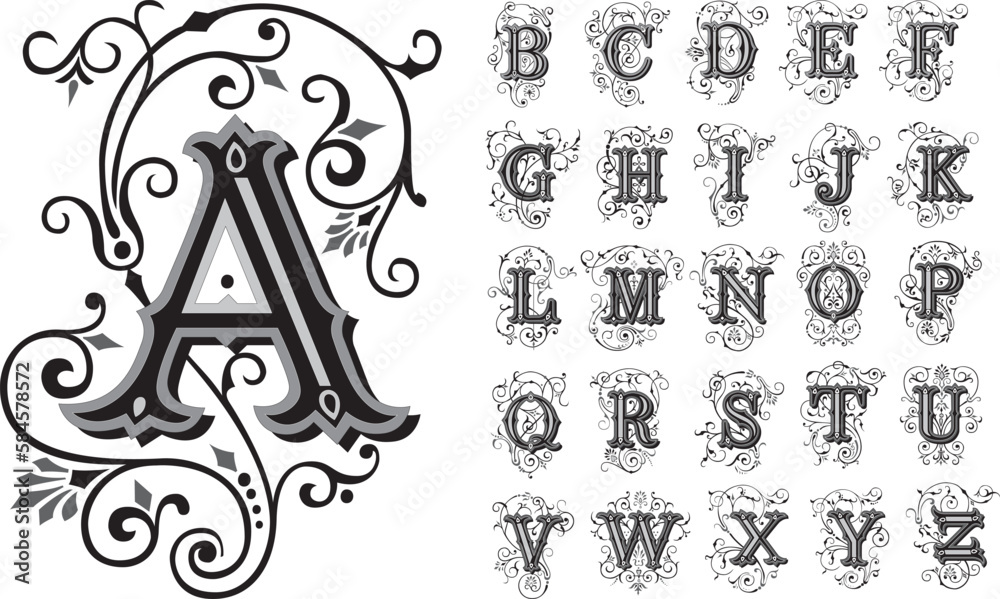 Vintage decorative font, alphabet, vector set of hand drawn decorative ...