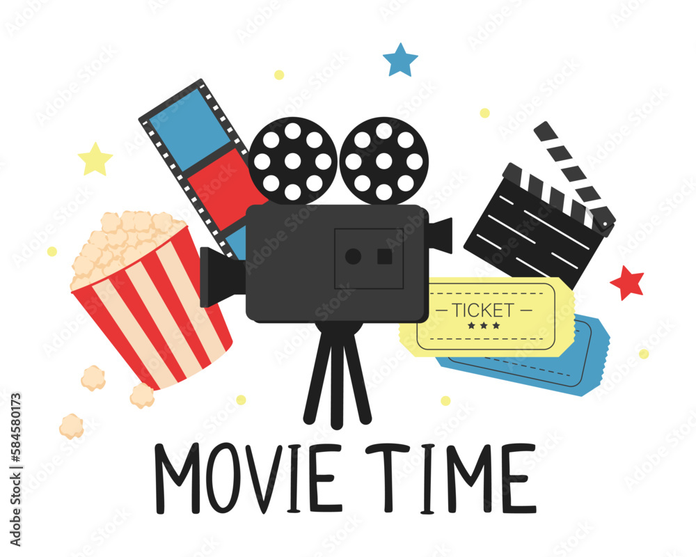 Movie time poster design template. Popcorn, filmstrip, clapper, tickets ...