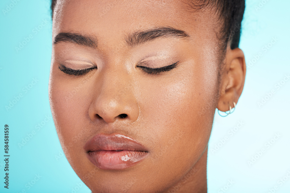 Skincare, woman makeup and face closeup of beauty, dermatology and ...