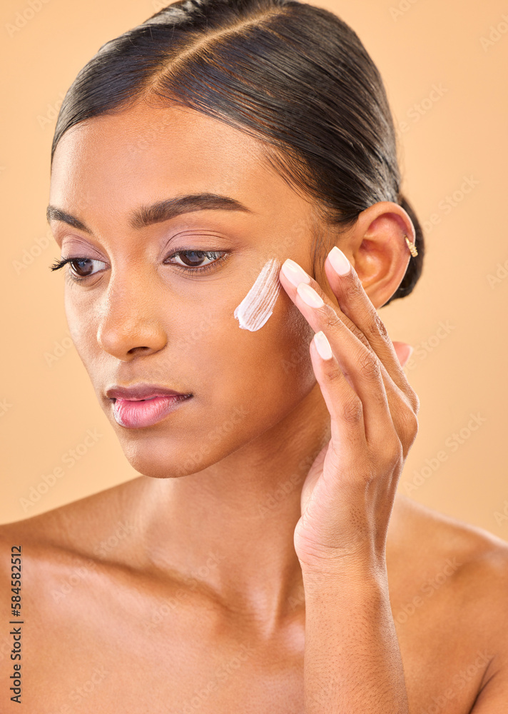 Face, beauty skincare and woman with cream in studio isolated on a ...