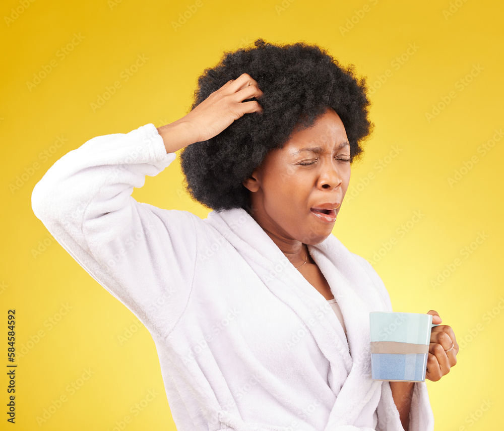 Coffee, yawning and tired black woman in studio, waking up in the ...