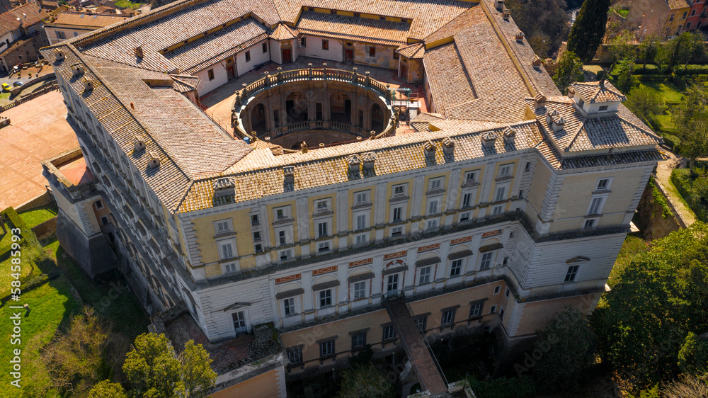 Aerial view of the courtyard of Villa Farnese, a pentagonal mansion in ...