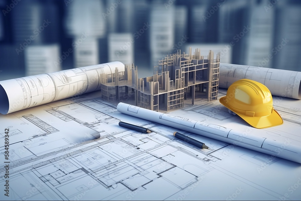 Concept of construction and design. Project blueprints and engineer ...