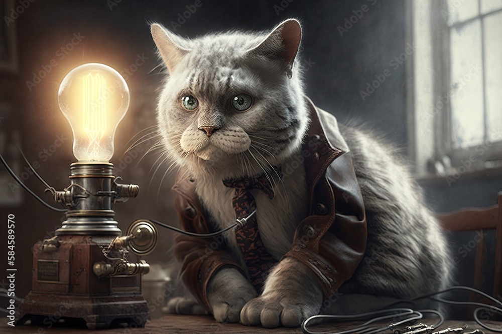 Cat as Thomas Edison famous historical character portrait illustration ...