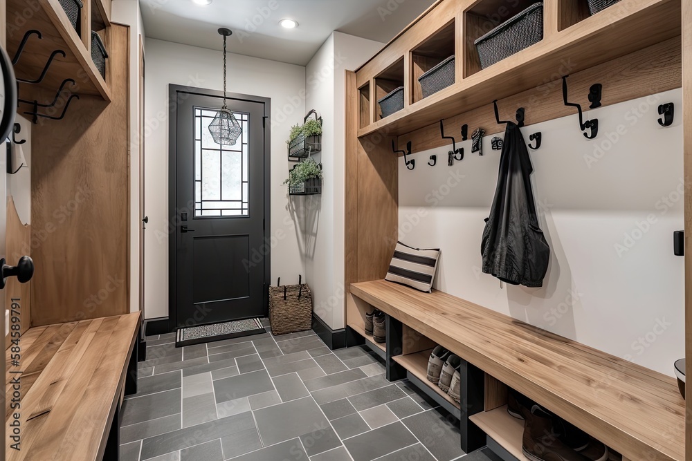 A stylish and functional mudroom with slate tile floors, white shaker ...