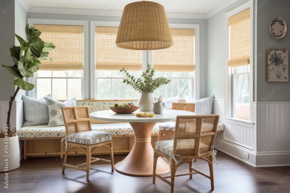 A sunny and cheerful breakfast nook with a circular marble table, woven ...