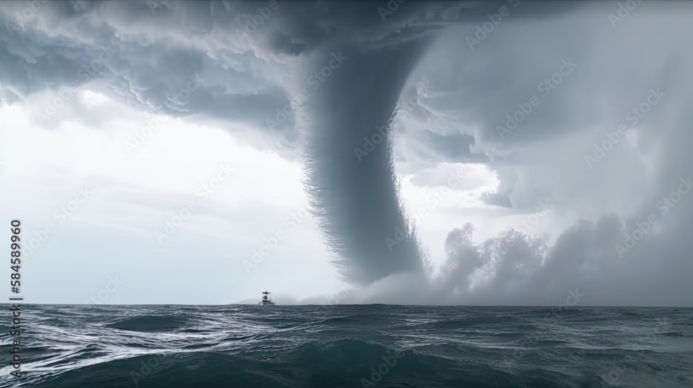 A towering waterspout twisting and turning above the turbulent ocean ...