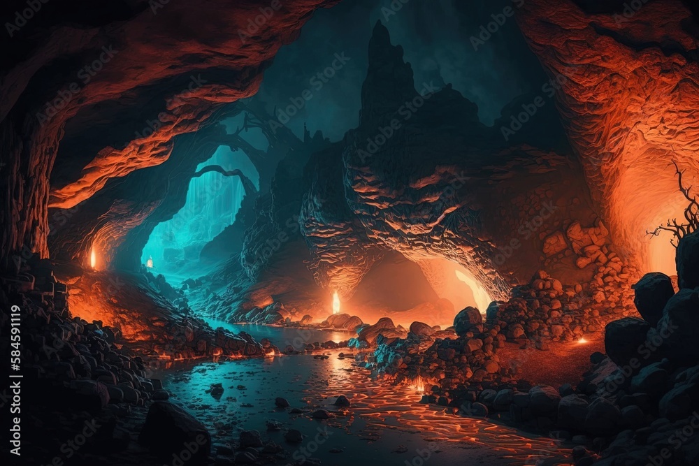 massive underground cave with lava river landscape illustration ...