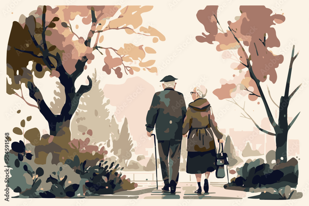 Old couple walking together in a park. Elderly love. Vector art of ...