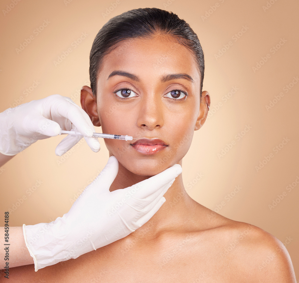 Woman, face and needle in portrait with beauty and dermatology ...