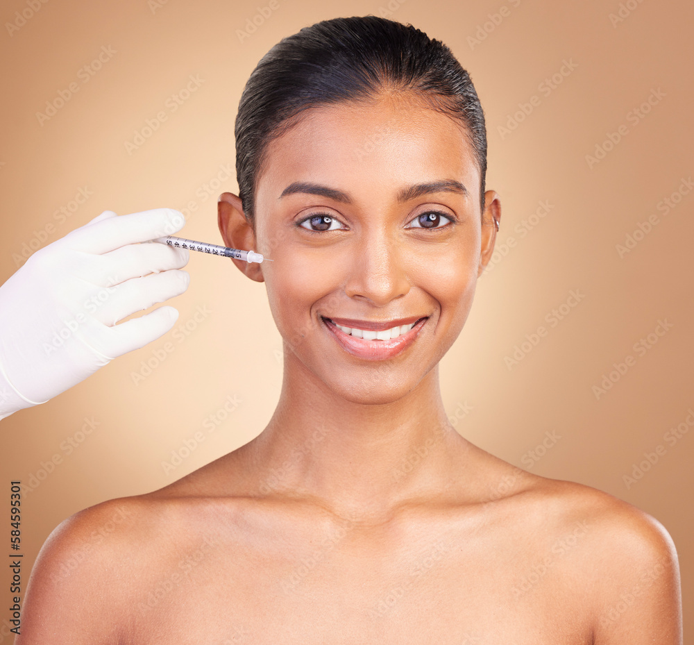 Woman, face injection and needle, dermatology and skincare, plastic ...