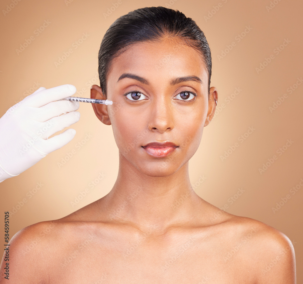 Woman, face injection and needle with beauty, dermatology and skincare ...