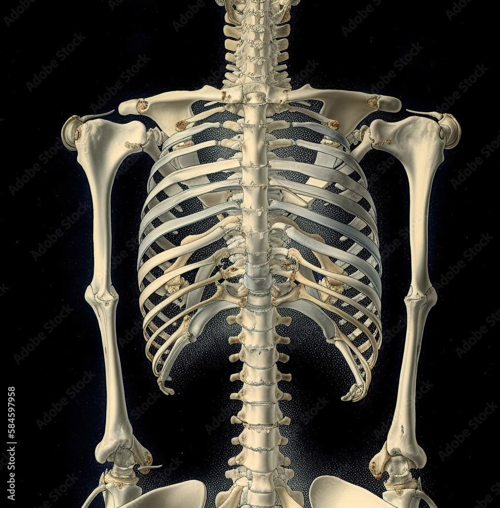 Thoracic spine, chest and ribs of bone with arms and shoulders created ...