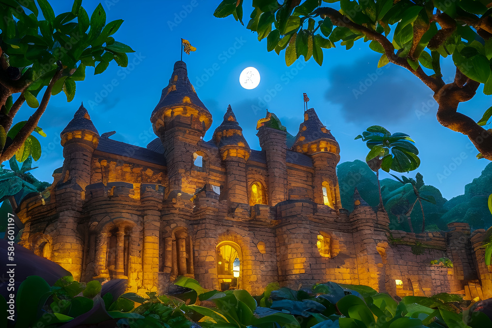 Illustration of a majestic castle rampart with trees and lush forest in ...