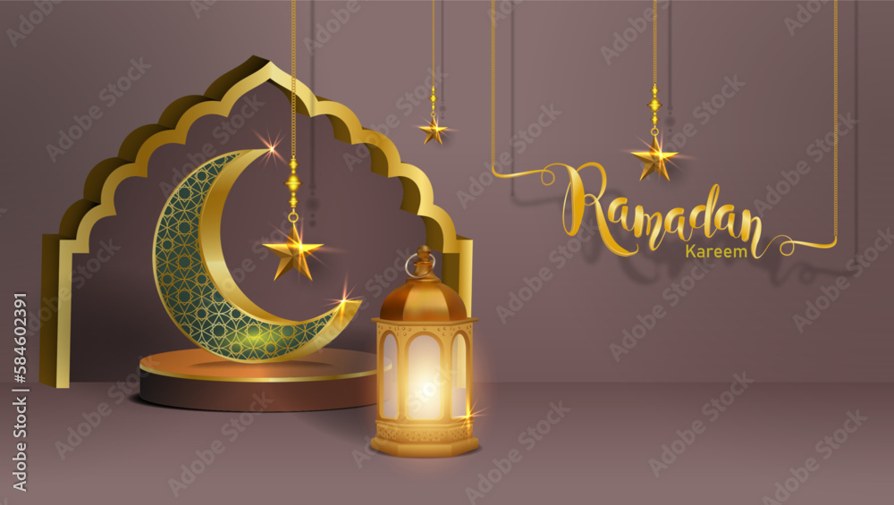 3d modern islamic holiday banner. Display podium with ramadan lantern ...