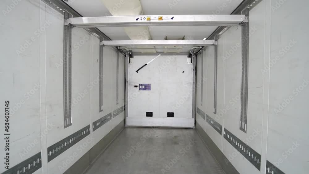 Empty semi trailer, perspective view, dolly zoom shot. Logistics and ...