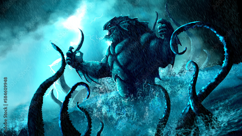 Terrible sea monster - kraken roars in the middle of a stormy ocean ...