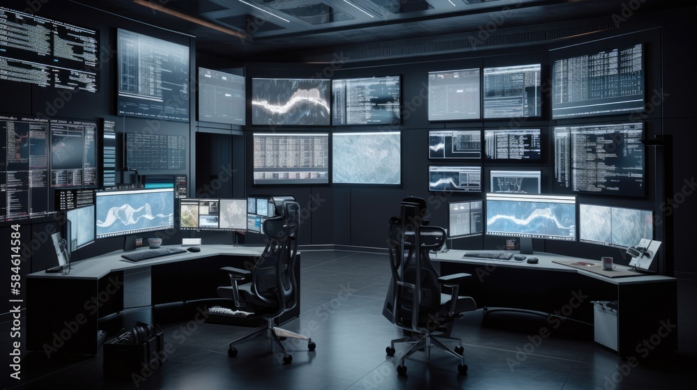 Trading Desk with Multiple Monitor and many computer screens Displaying ...