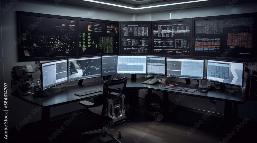 Trading Desk with Multiple Monitor and many computer screens Displaying Real time Market Data ...