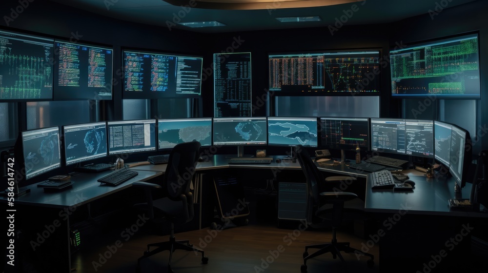 Trading Desk with Multiple Monitor and many computer screens Displaying Real time Market Data ...