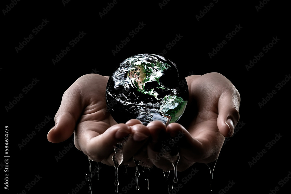 Blue Earth world on two hands with dripping water, abstract black ...