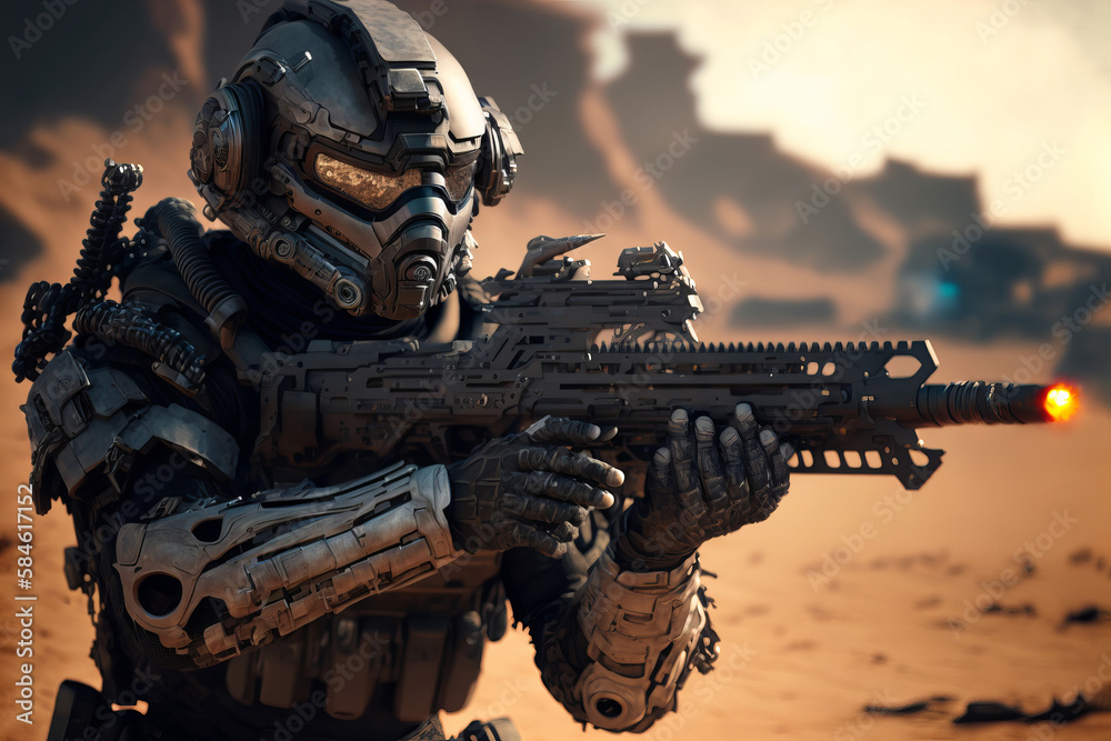 Generative AI illustration of soldier in futuristic armor aiming high ...