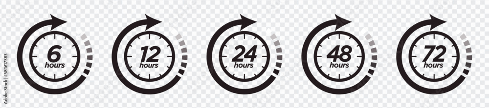 6, 12, 24, 48, 72 hours clock arrow. symbol work time, delivery and ...