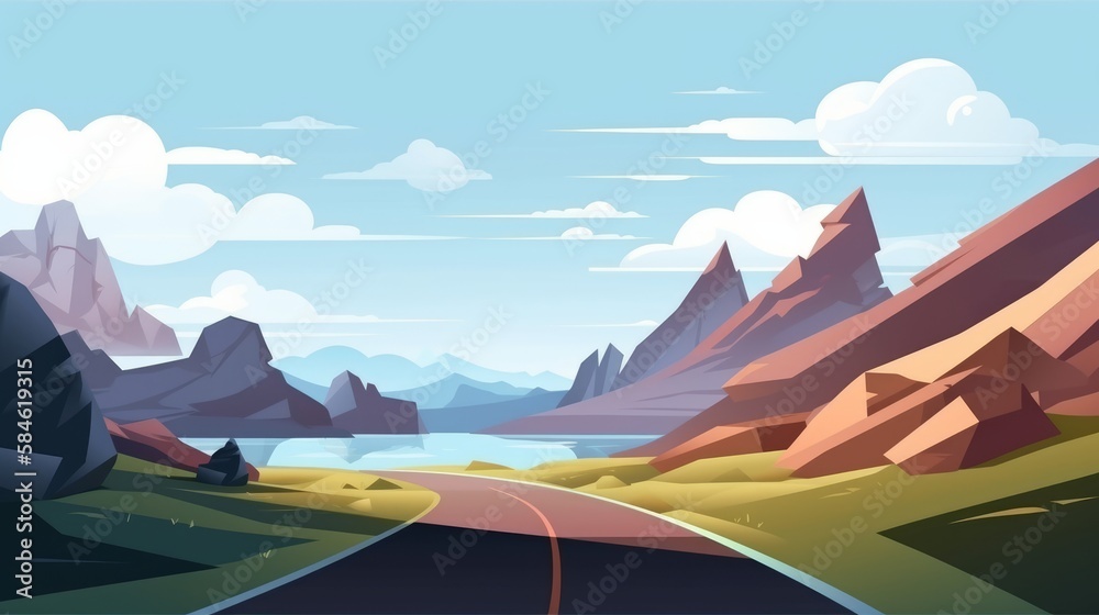 Cartoon mountain road landscape with nature, sky, and lake ...