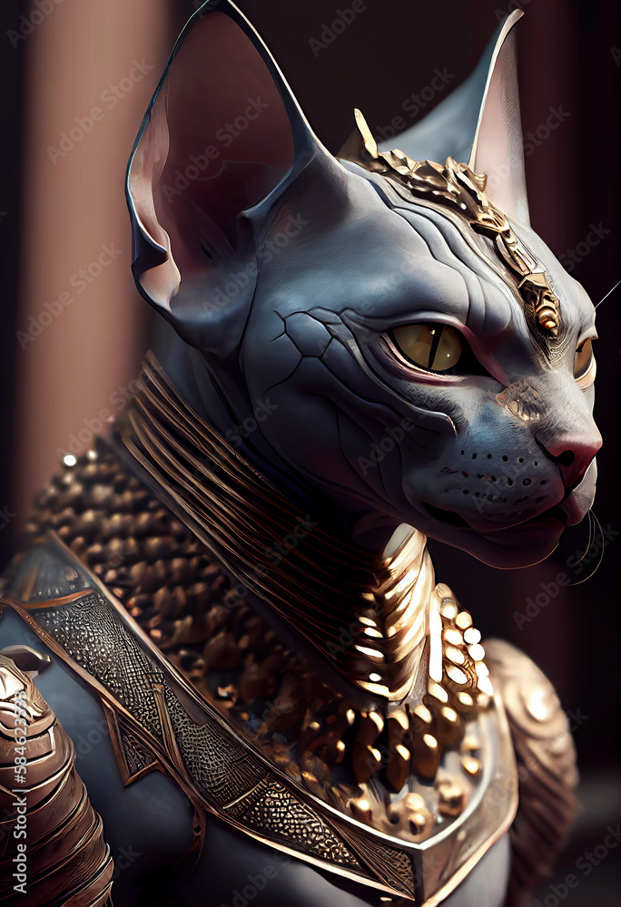 Generative AI illustration of anthropomorphic sphinx cat in decorative ...